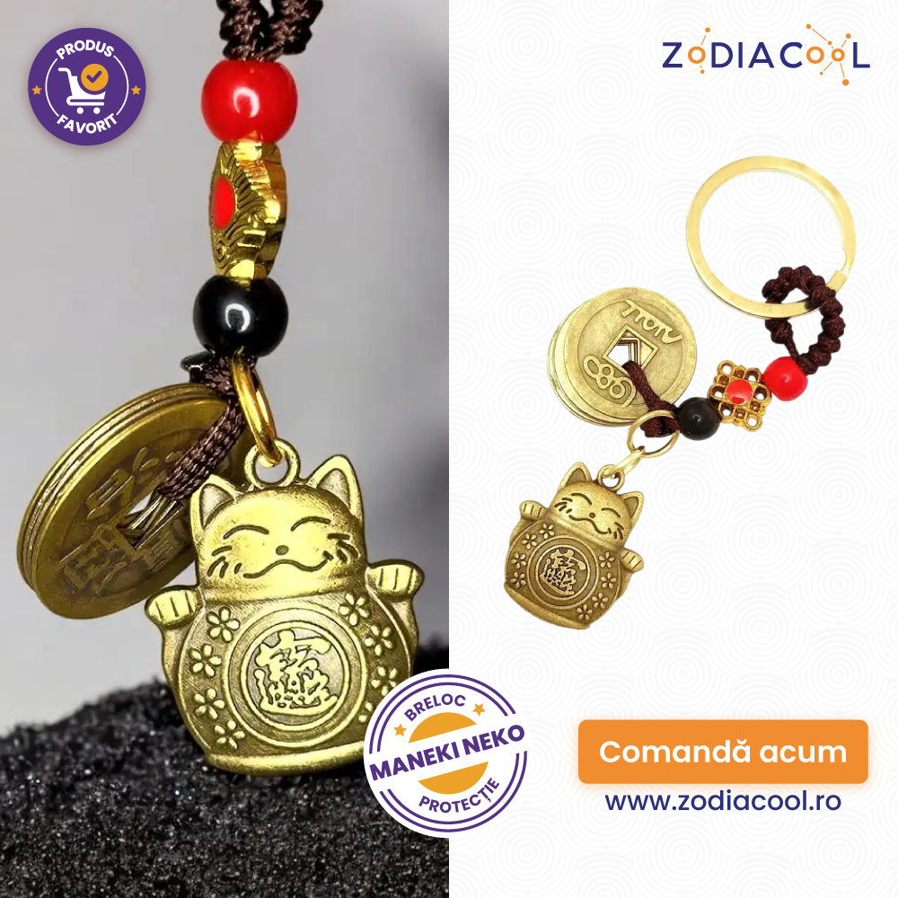 Breloc Pisica Maneki Neko, simbol de bani si protectie de rele, metal ...