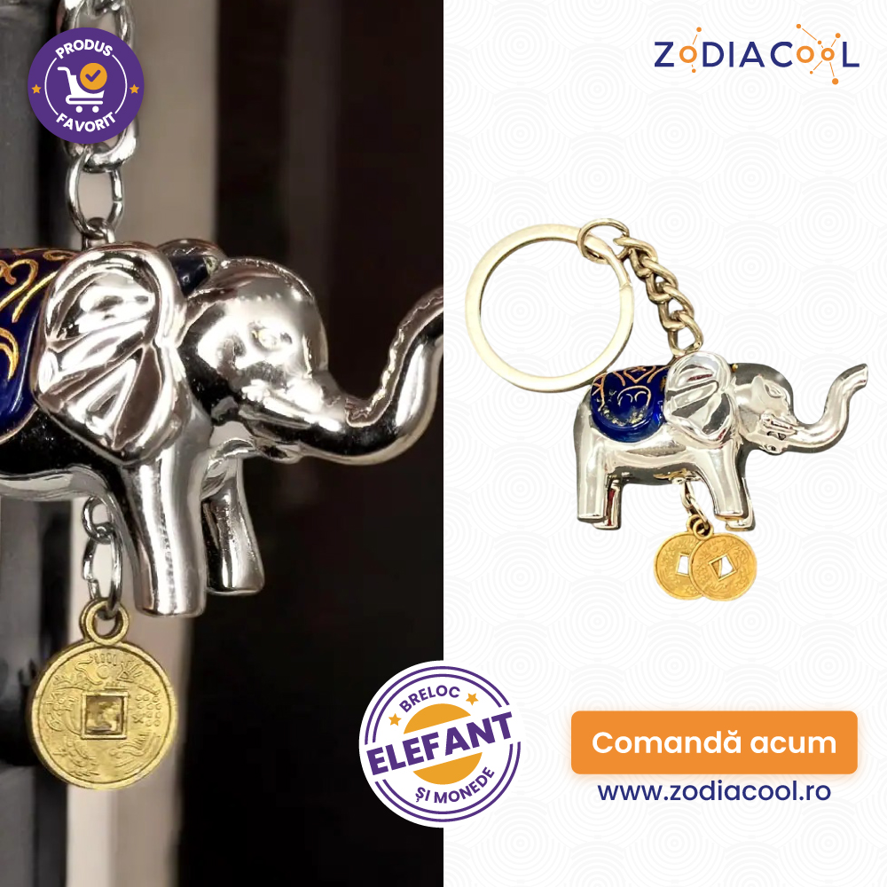 Breloc cu elefant si monede, amuleta feng shui pentru bani, metal ...