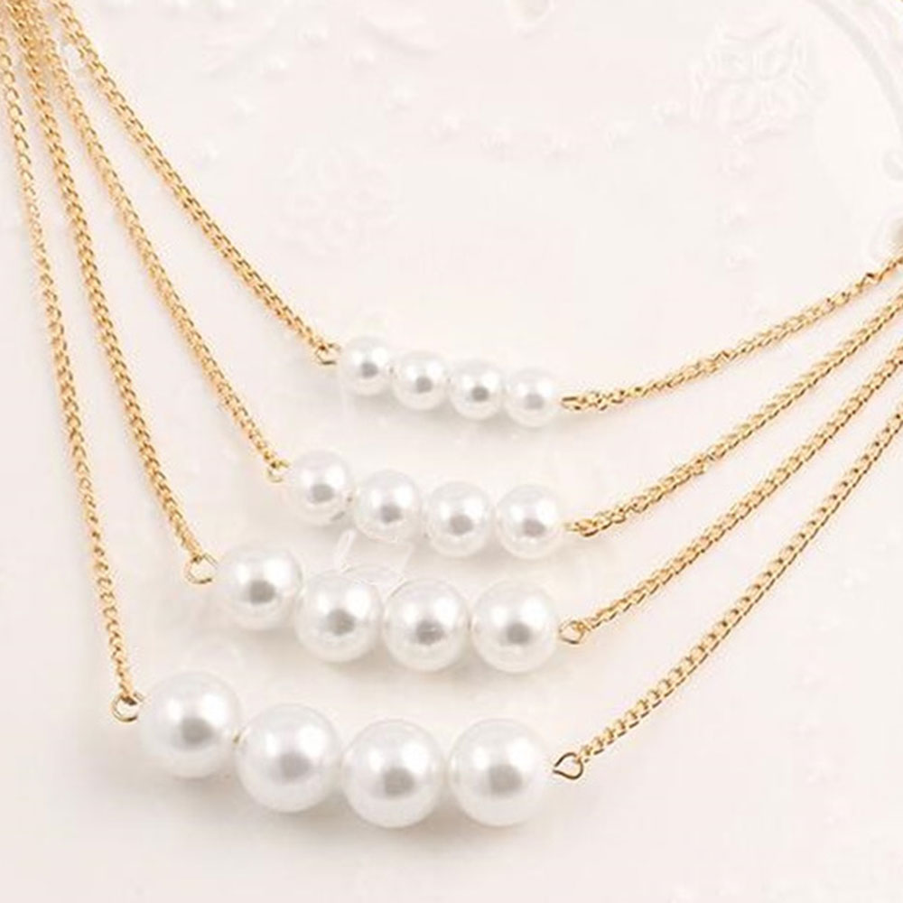 Colier perle multilayer, patru randuri de lantisoare cu perle albe ...